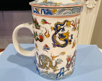 Chinese Character and Dragon Ceramic Tea Cup Mug 10 Fl Oz, 3 Piece Tea ...