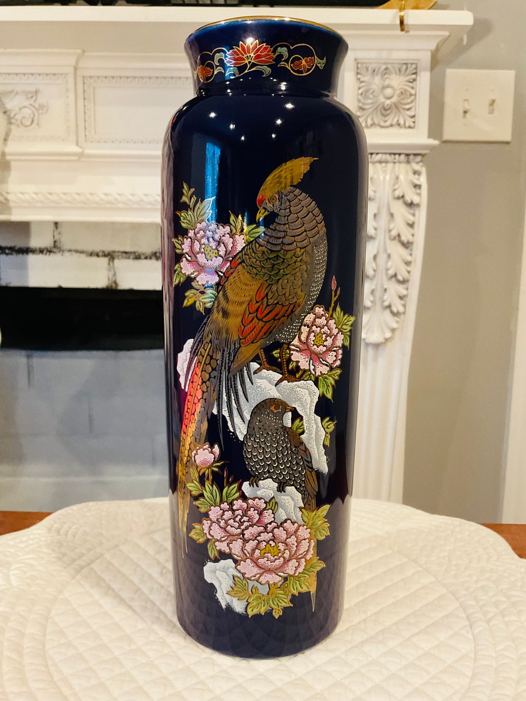 Vintage Kutani Cobalt Blue Pink Flowers and Birds Vase - Etsy