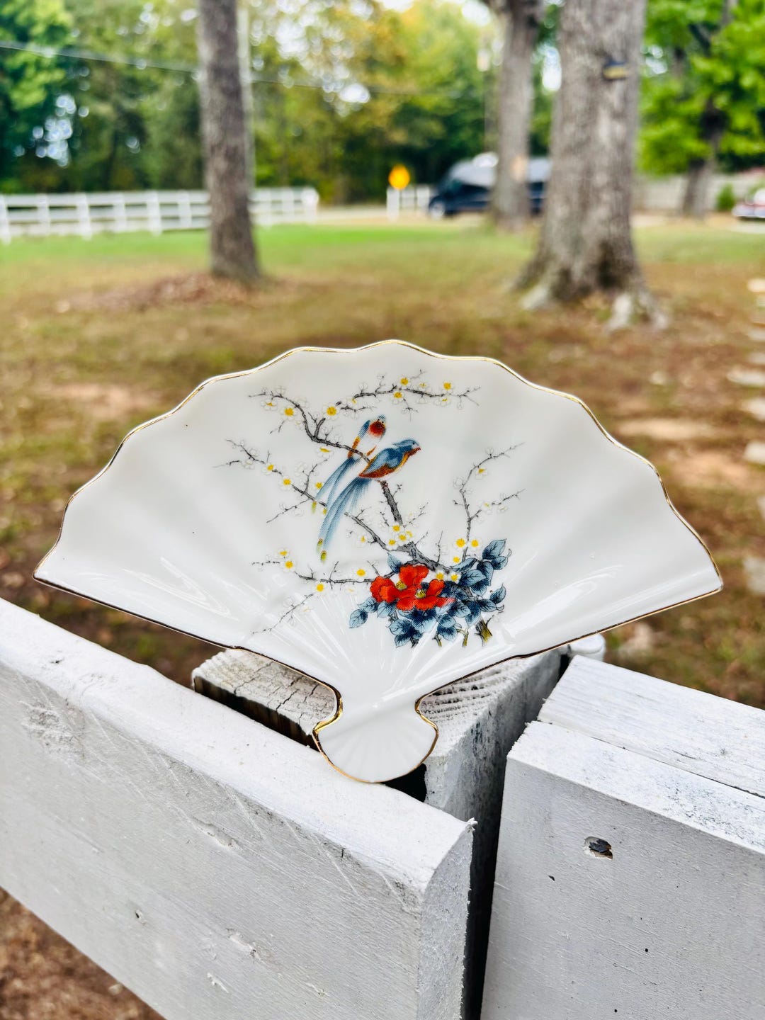Vintage Floral Birds Fan Dish - Etsy
