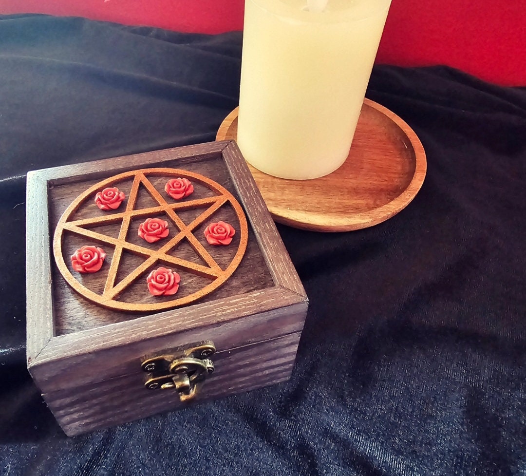 Pentagram and Roses Handmade / One of a Kind Wooden Trinket / Jewellery ...