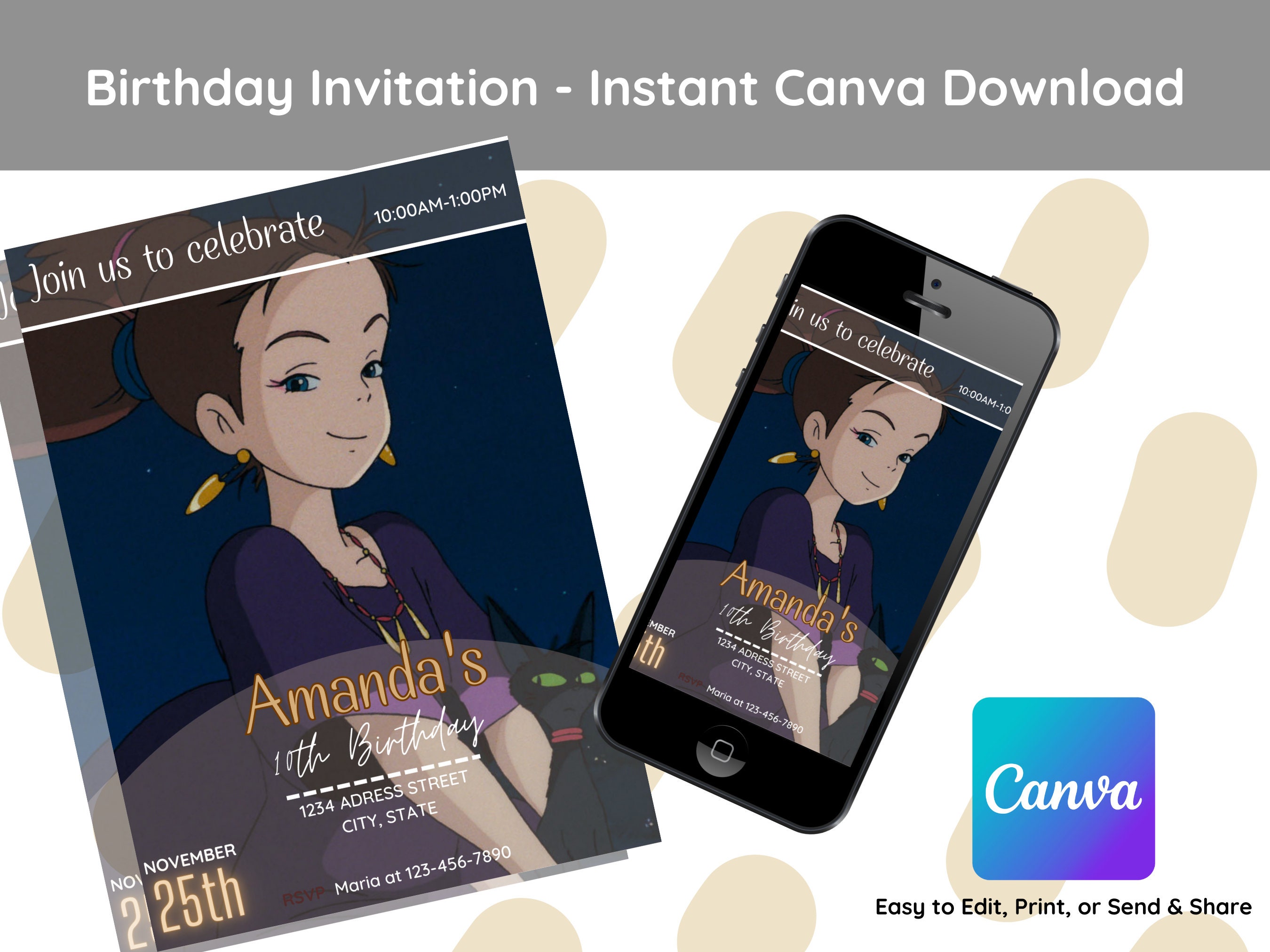 Studio Ghibli Kikis Delivery Service Birthday Invitation Party, Canva ...