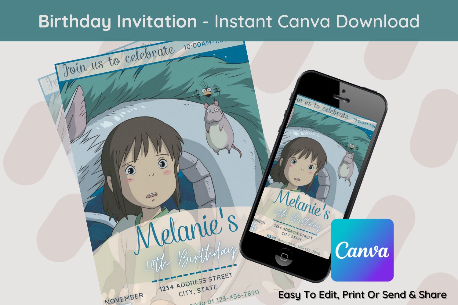 Studio Ghibli Spirited Away Birthday Invitation Party, Canva Invite Printable Editable, Birthday ...