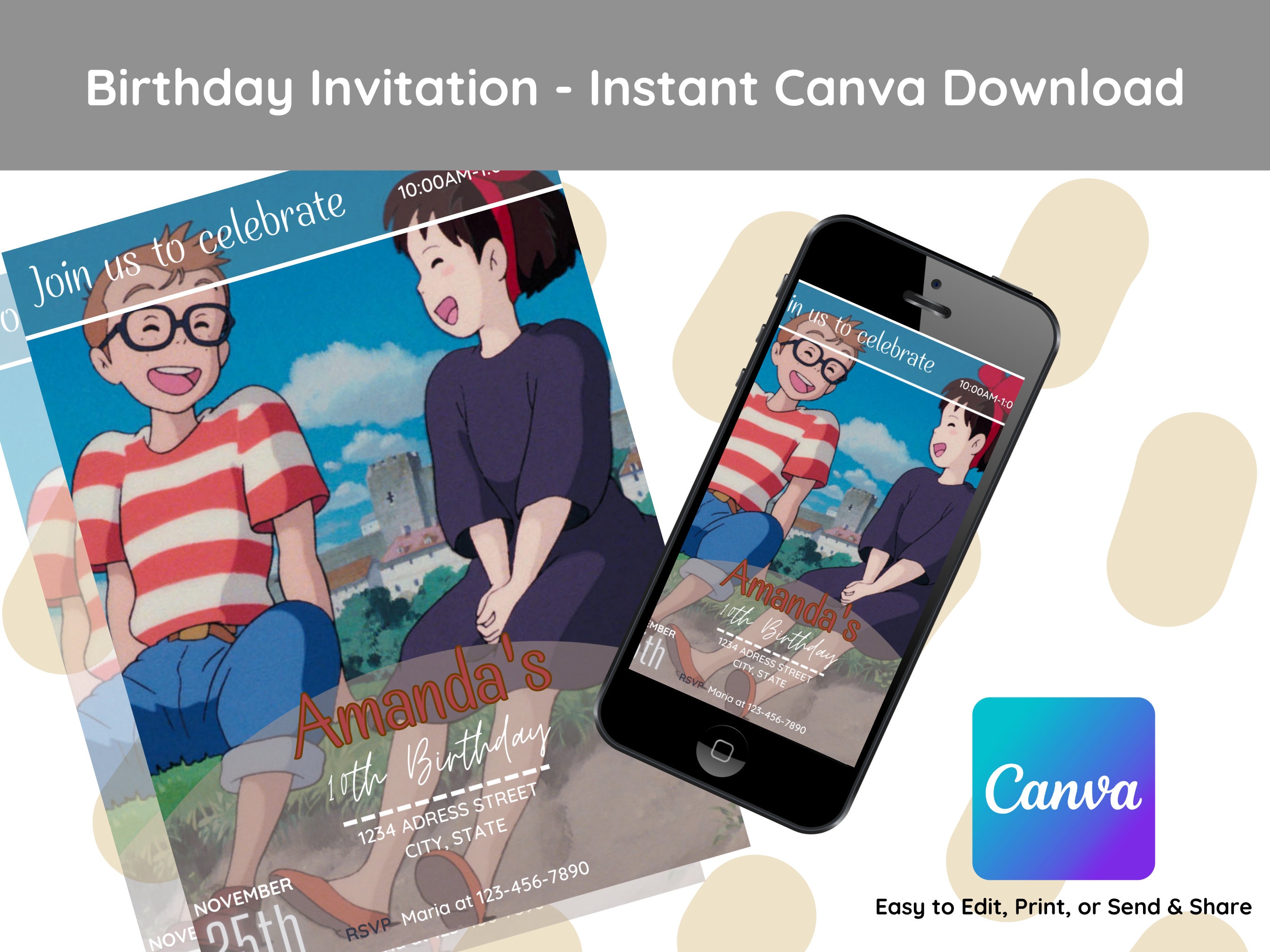 Studio Ghibli Kikis Delivery Service Birthday Invitation Party, Canva ...