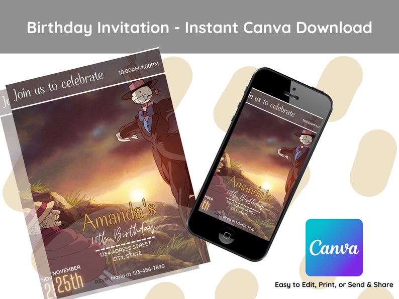 Studio Ghibli Howls Moving Castle Birthday Invitation Party, Canva ...