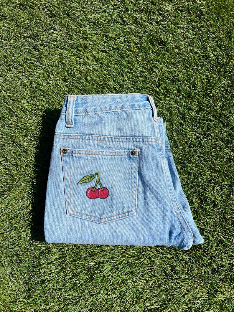 Cherry Bottom Handpainted Upcycled Light Washed Jeans - Etsy