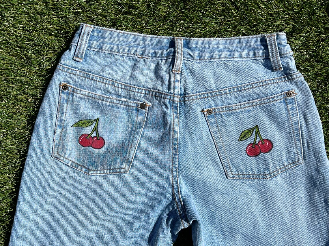 Cherry Bottom Handpainted Upcycled Light Washed Jeans - Etsy