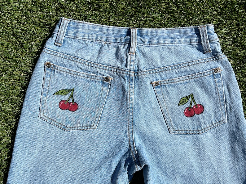 Cherry Bottom Handpainted Upcycled Light Washed Jeans - Etsy