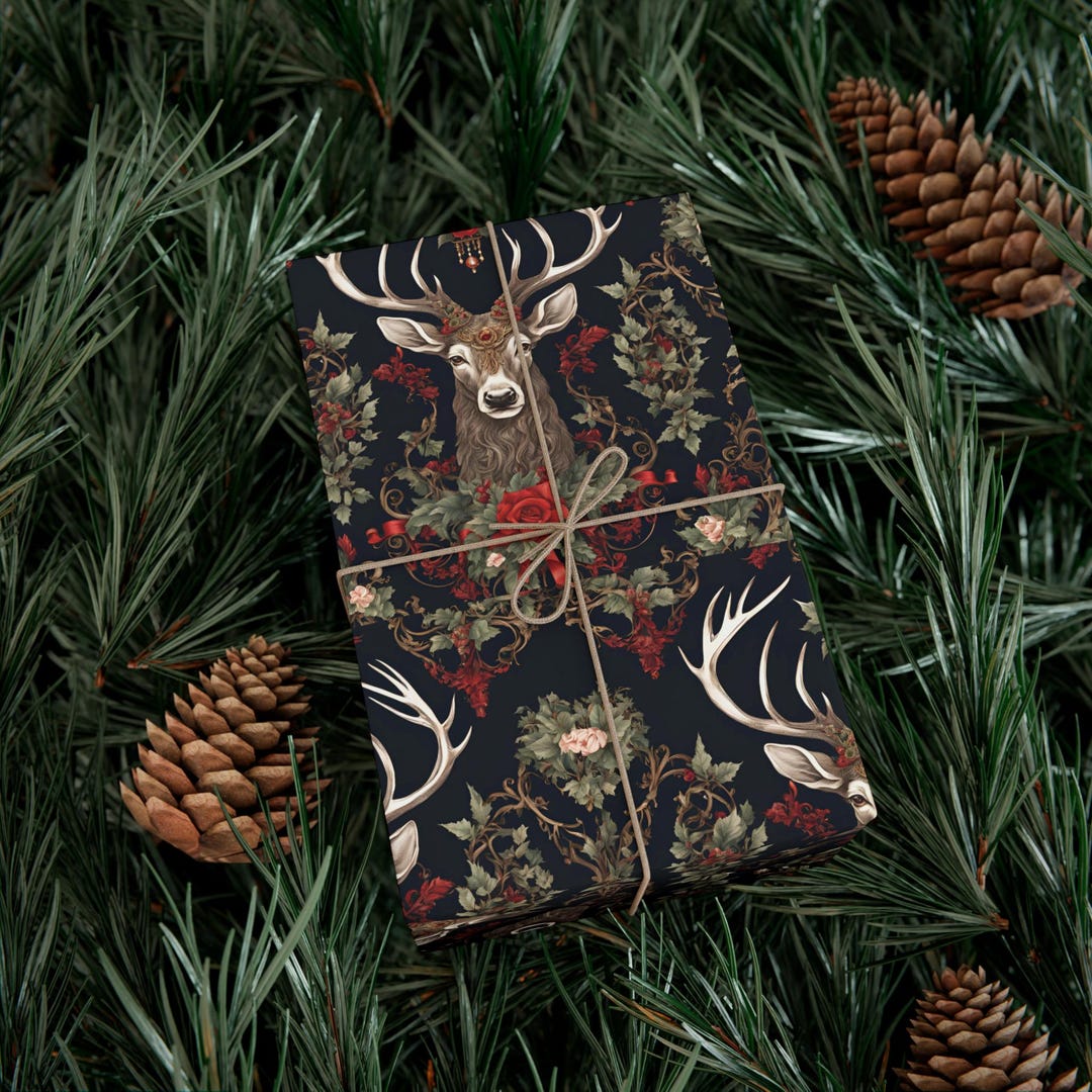 Vintage Dark Romance Stag Christmas Wrapping Paper Pagan, Holiday Gift ...