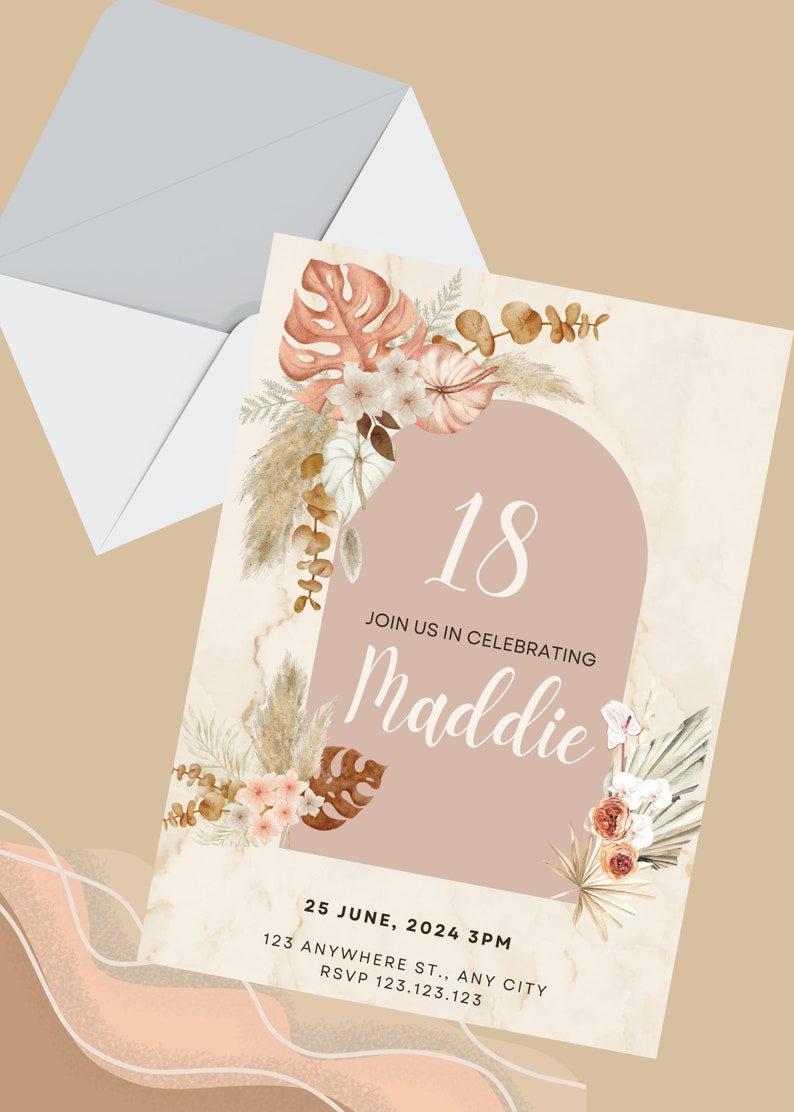 Boho 18th Birthday Invitation for Girl Floral Editable Invitation ...