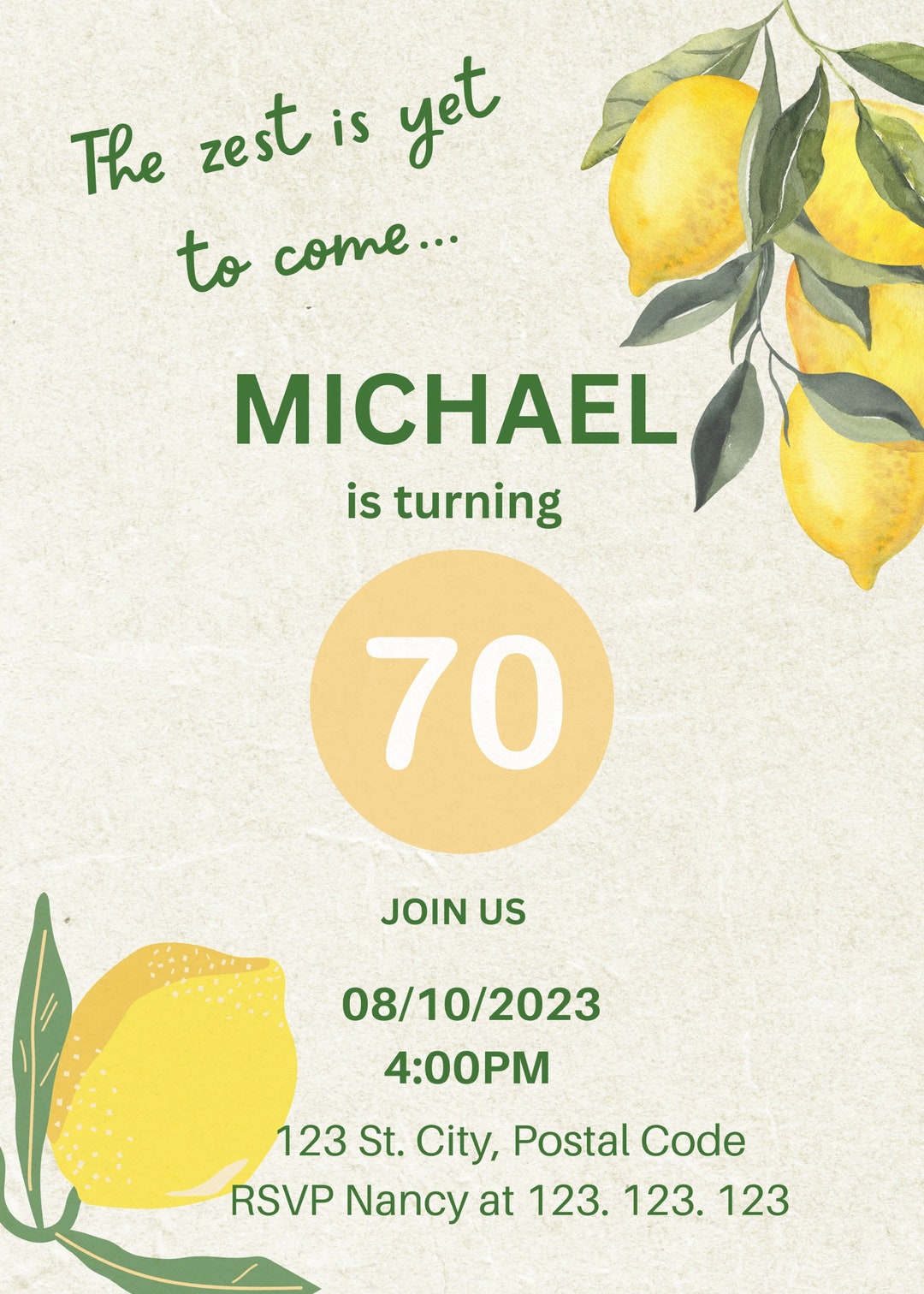 Editable 70th Lemon Birthday Theme Yellow Template Digital Printable ...