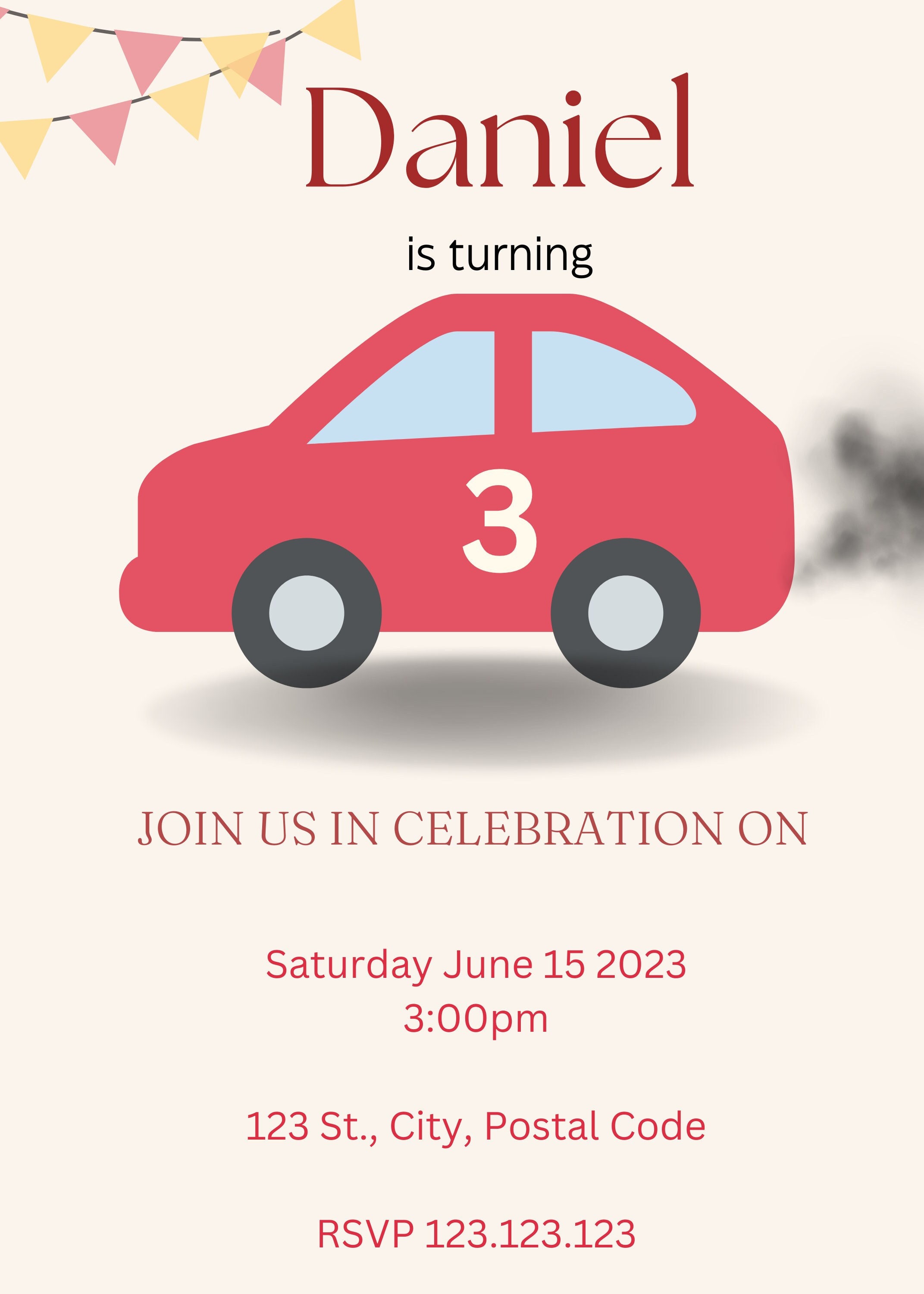Editable Birthday Boys Red Car Theme Template Digital Printable ...