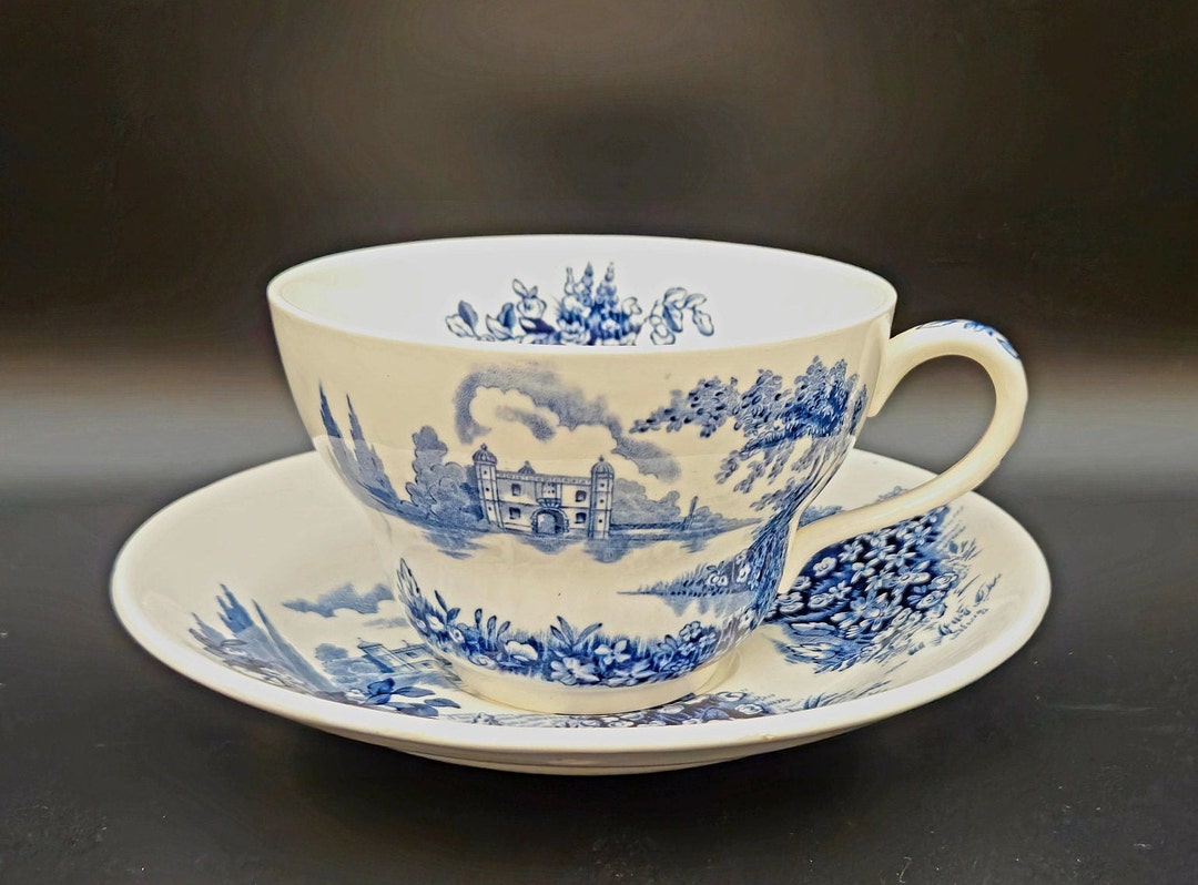 Vintage Oversized Tea Cup & Saucer Set Castle on the Lake Blue by ...
