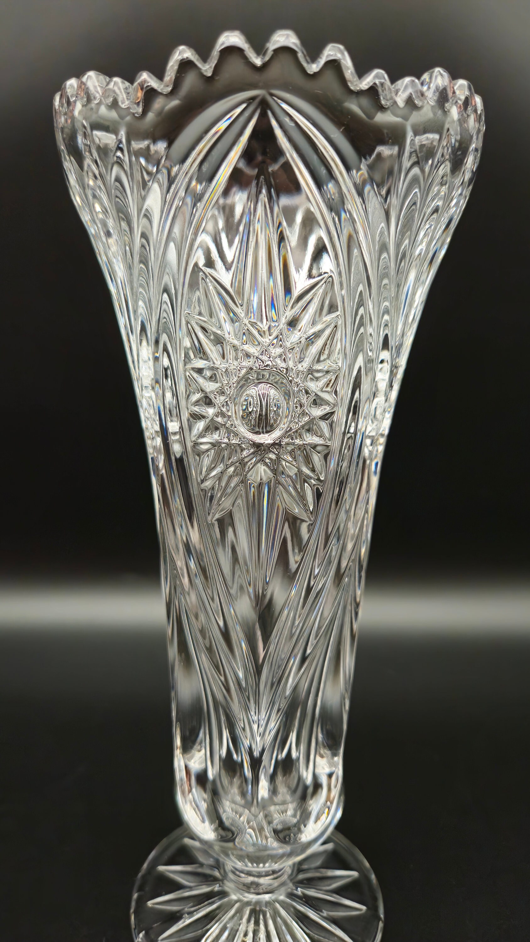 Vintage Crystal Vase on Pedestal With Sunburst Design and Scalloped Rim ...