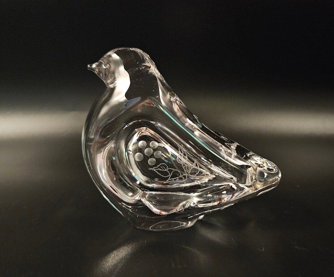 Vintage Art Glass Bird Paperweight Signed - Etched Flower - Paper ...
