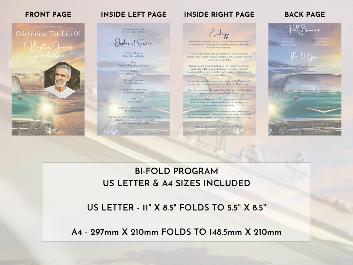 Chevrolet Sunset Funeral Program, Car Theme Memorial Service, Printable ...