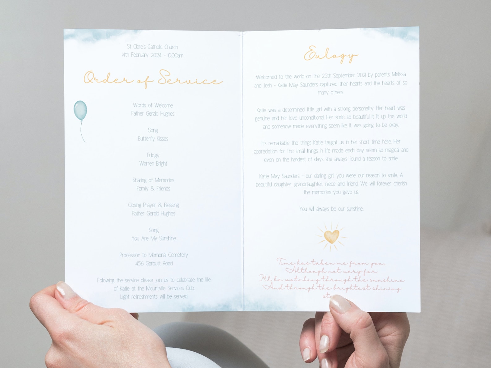 Kids Funeral Program, Child Memorial Service, Printable Order of ...