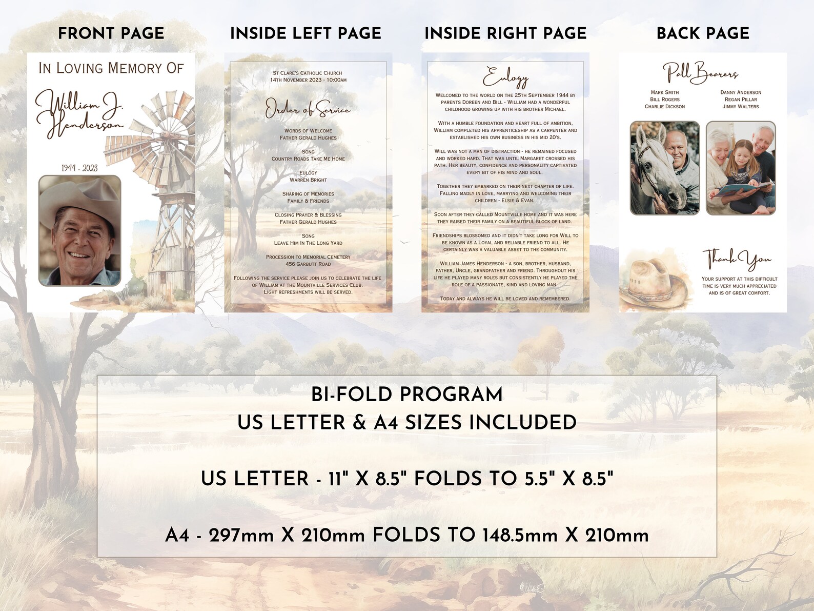 Country & Western Funeral Program, Memorial Service, Printable Order of ...