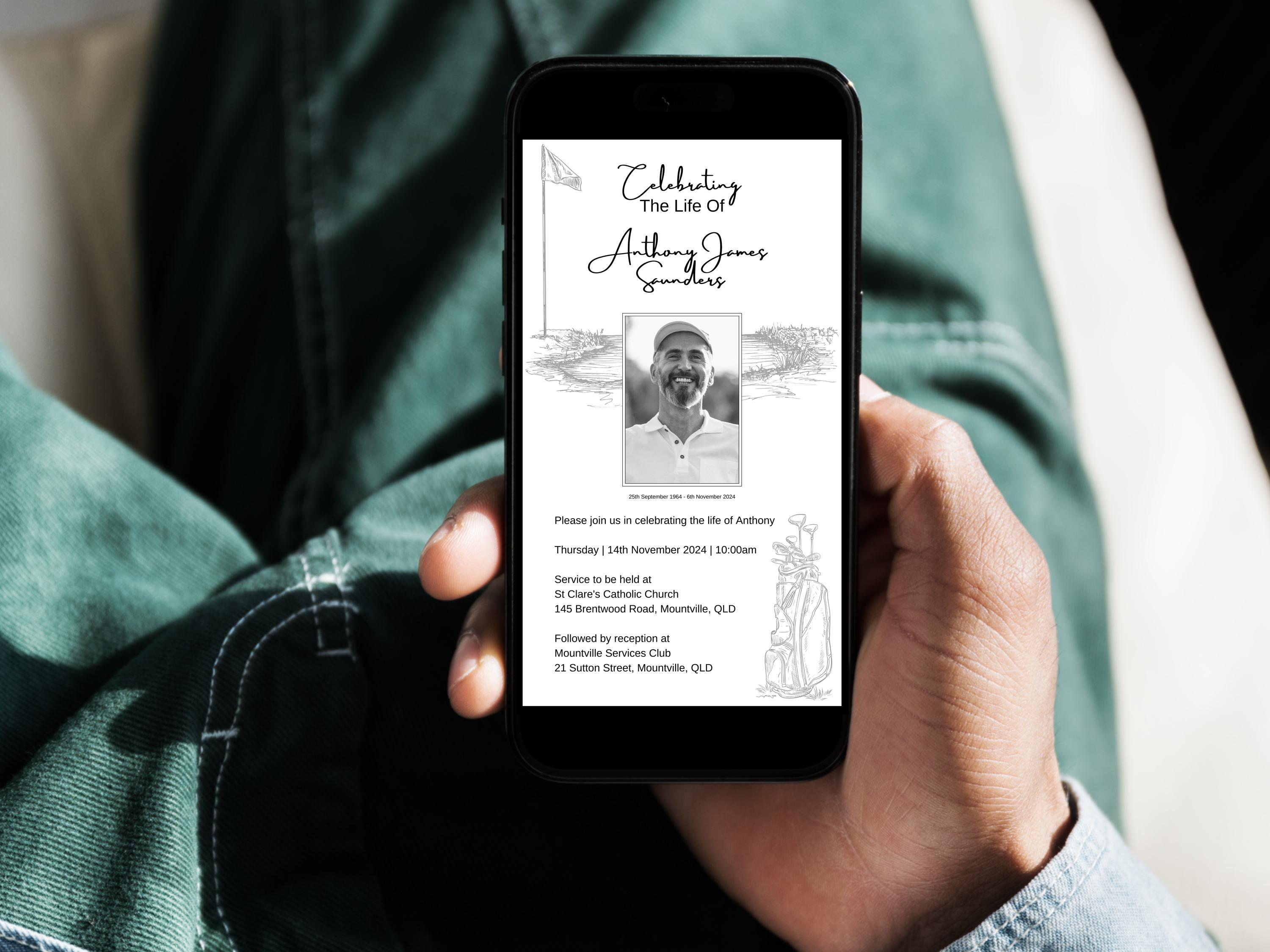 Gone Golfing Funeral Invitation Template, Golfer Memorial Service ...