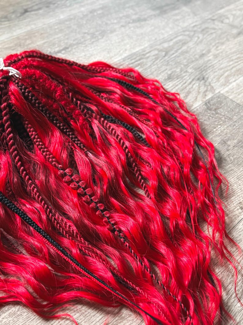 Vibrant Red Wavy Dreadlocks and Braids Set, Blood Red Synthetic Curly ...