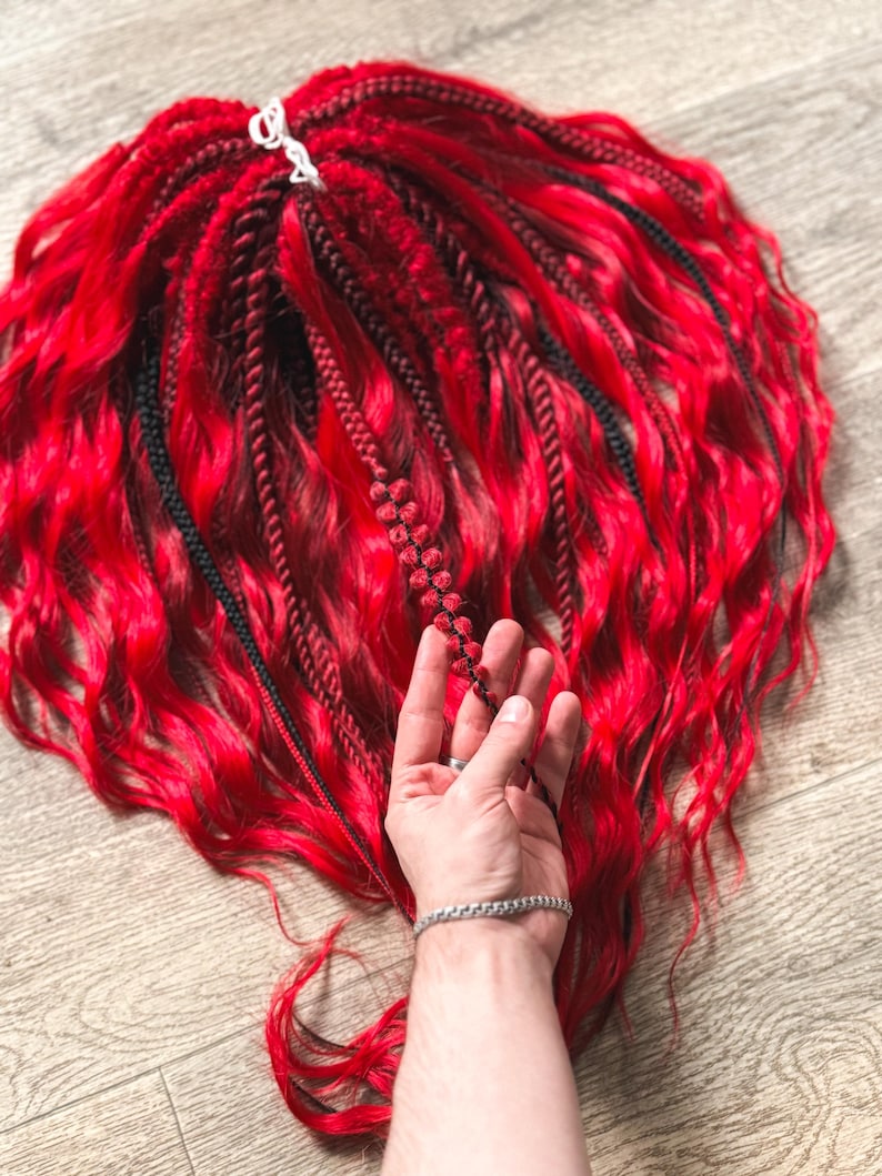 Vibrant Red Wavy Dreadlocks and Braids Set, Blood Red Synthetic Curly ...