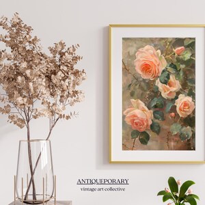 Vintage Muted Rose Painting, Rustic Floral Print, Neutral French ...