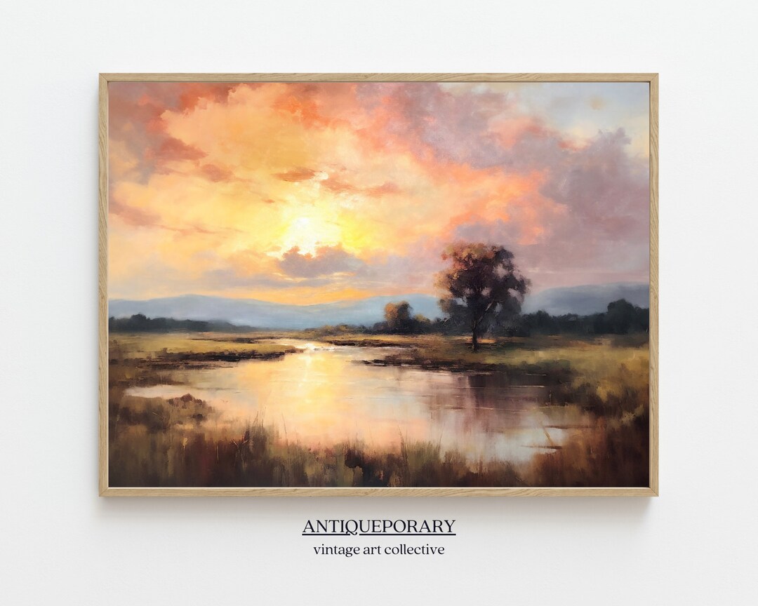Vintage Country Landscape Oil Painting, Muted Country Field Wall Art ...