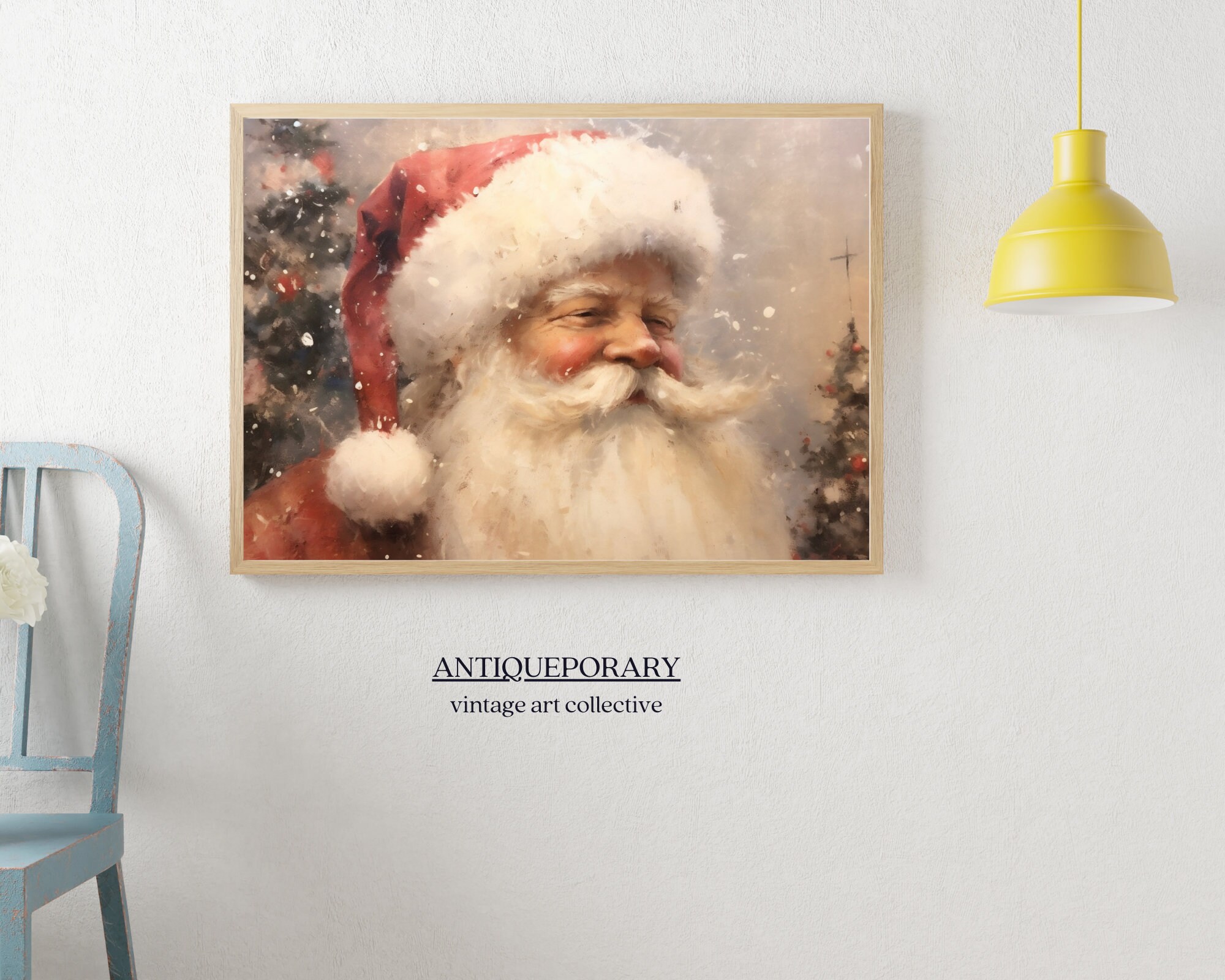 Vintage Santa Portrait Painting, Christmas Wall Decor, Rustic Christmas ...