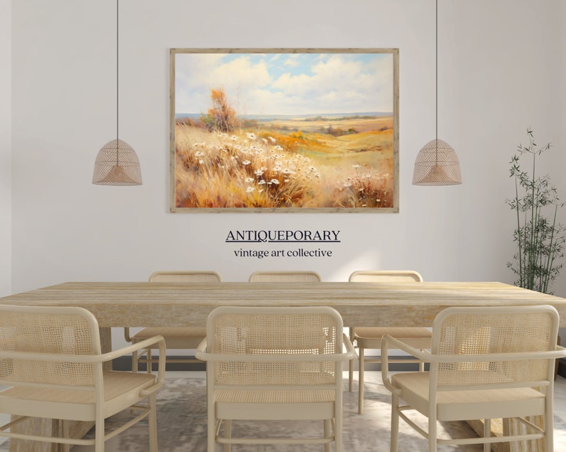 Wildflower Field Landscape Oil Painting, Vintage Neutral Landscape Art ...