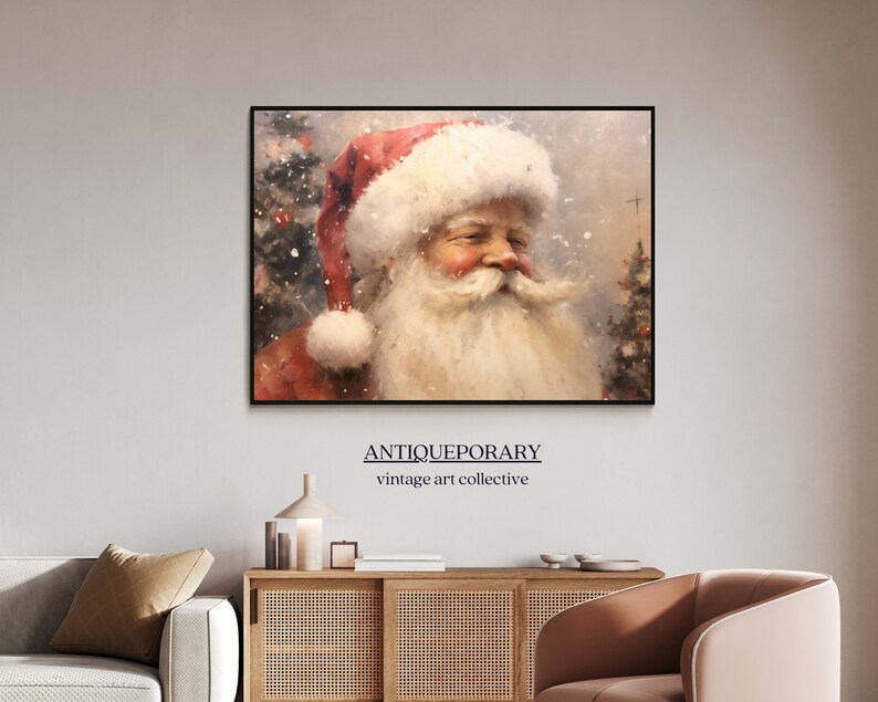 Vintage Santa Portrait Painting, Christmas Wall Decor, Rustic Christmas ...