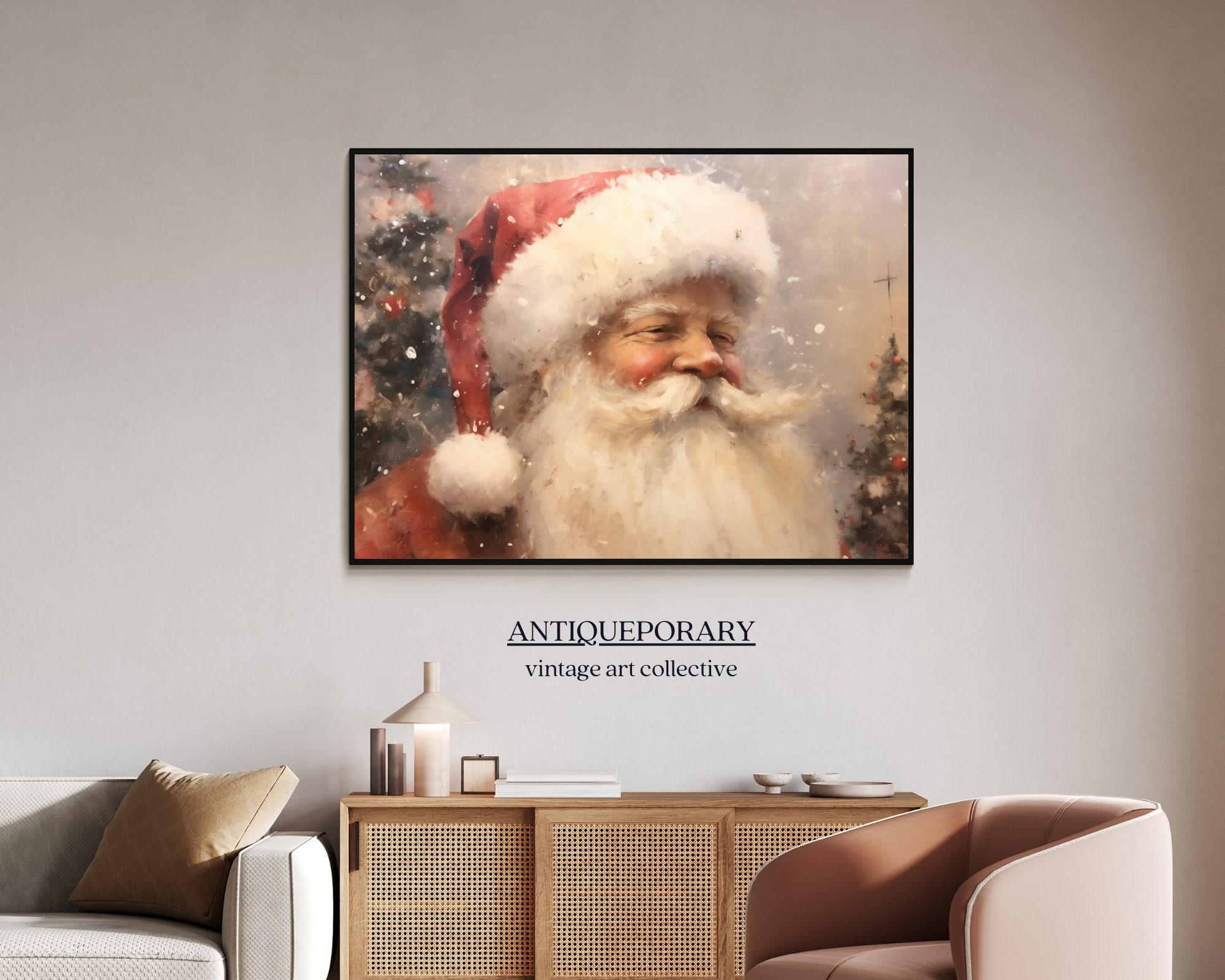 Vintage Santa Portrait Painting, Christmas Wall Decor, Rustic Christmas ...