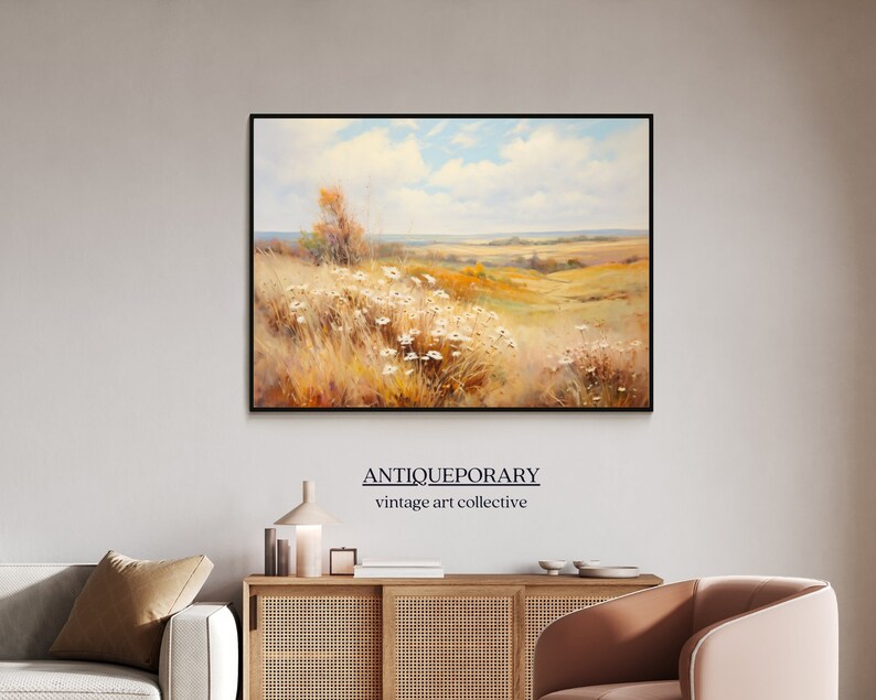 Wildflower Field Landscape Oil Painting, Vintage Neutral Landscape Art ...