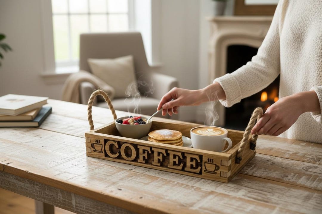 Rustic Wooden Coffee Tray – Farmhouse Coffee Bar Decor, Handcrafted Oak ...