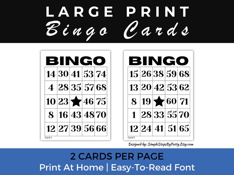 Printable Large Print Bingo Cards Set for Seniors, Bingo Night Family ...