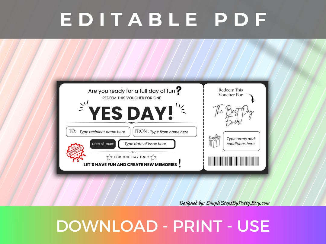 Yes Day Coupon Printable PDF | Special Gift for Kid | Editable Yes Day ...