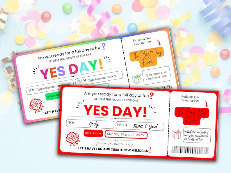 Yes Day Coupon Printable PDF | Special Gift for Kid | Editable Yes Day ...
