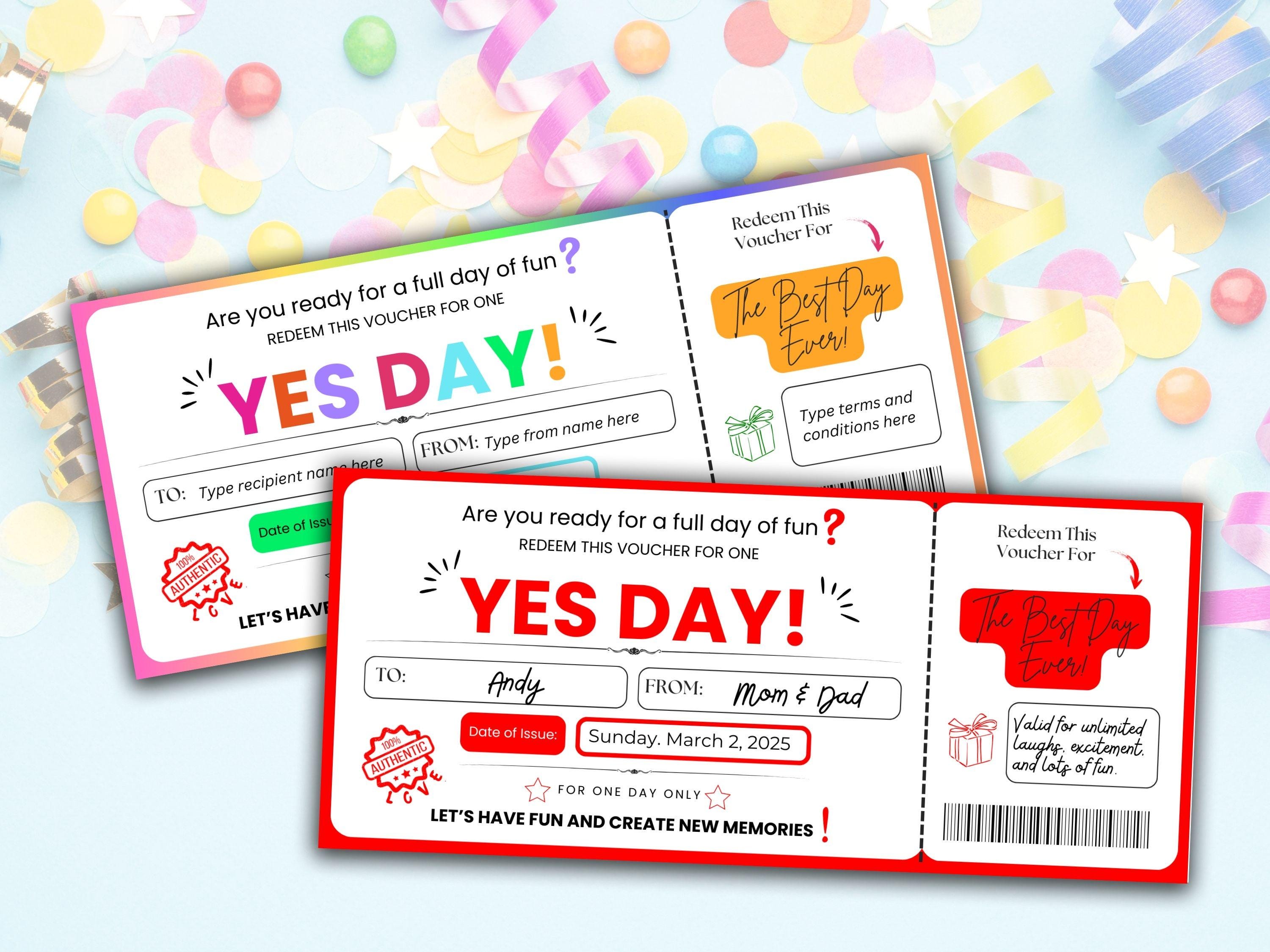 Yes Day Coupon Printable PDF | Special Gift for Kid | Editable Yes Day ...