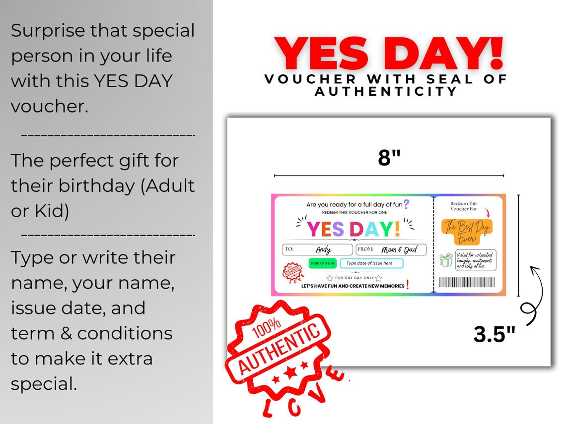 Yes Day Coupon Printable PDF | Special Gift for Kid | Editable Yes Day ...