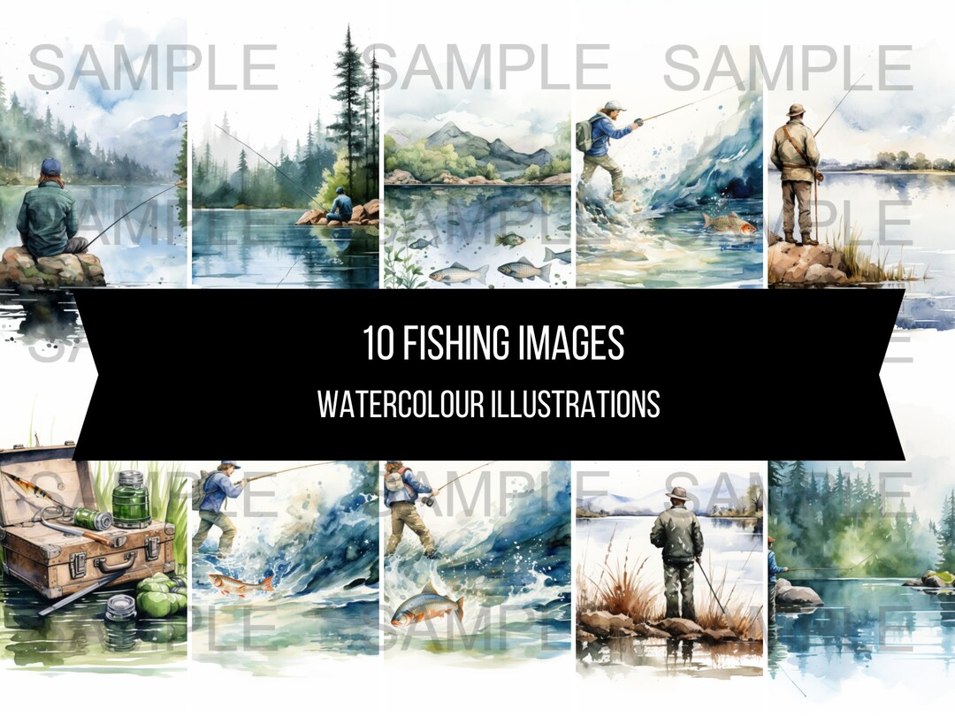 10 Fishing Pictures Illustrations Art Instant Digital Download Artwork ...