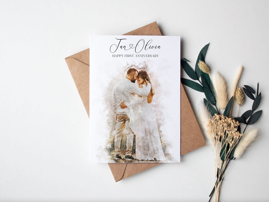 Custom 1st Anniversary Cards, Personalized Watercolor Portrait, Couple ...