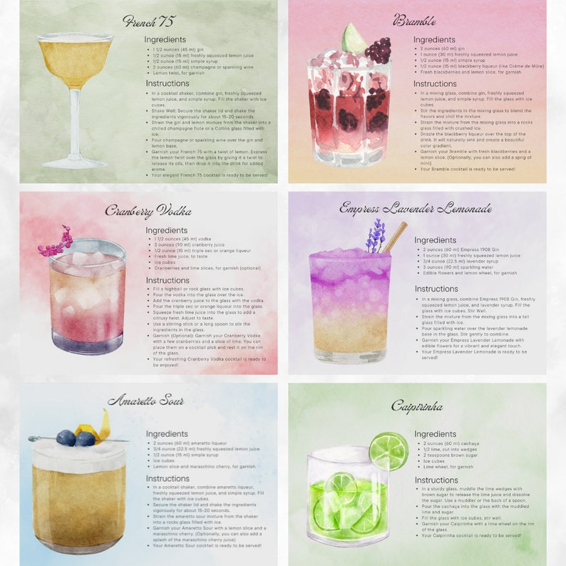 Editable Watercolor Cocktail Recipe Cards | Canva Template for ...