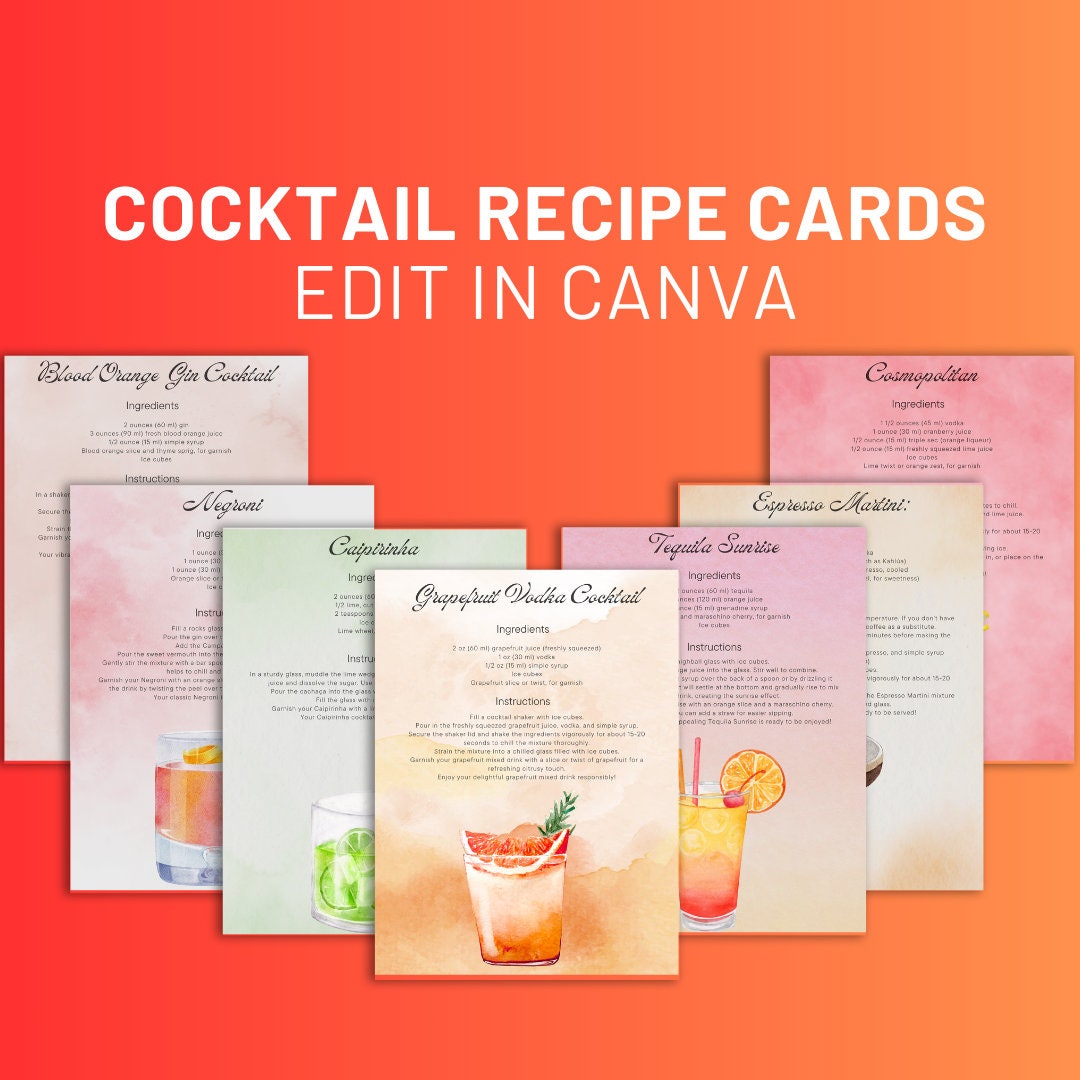 Watercolor Cocktail Recipe Cards Template | Editable Drink Recipe Card ...
