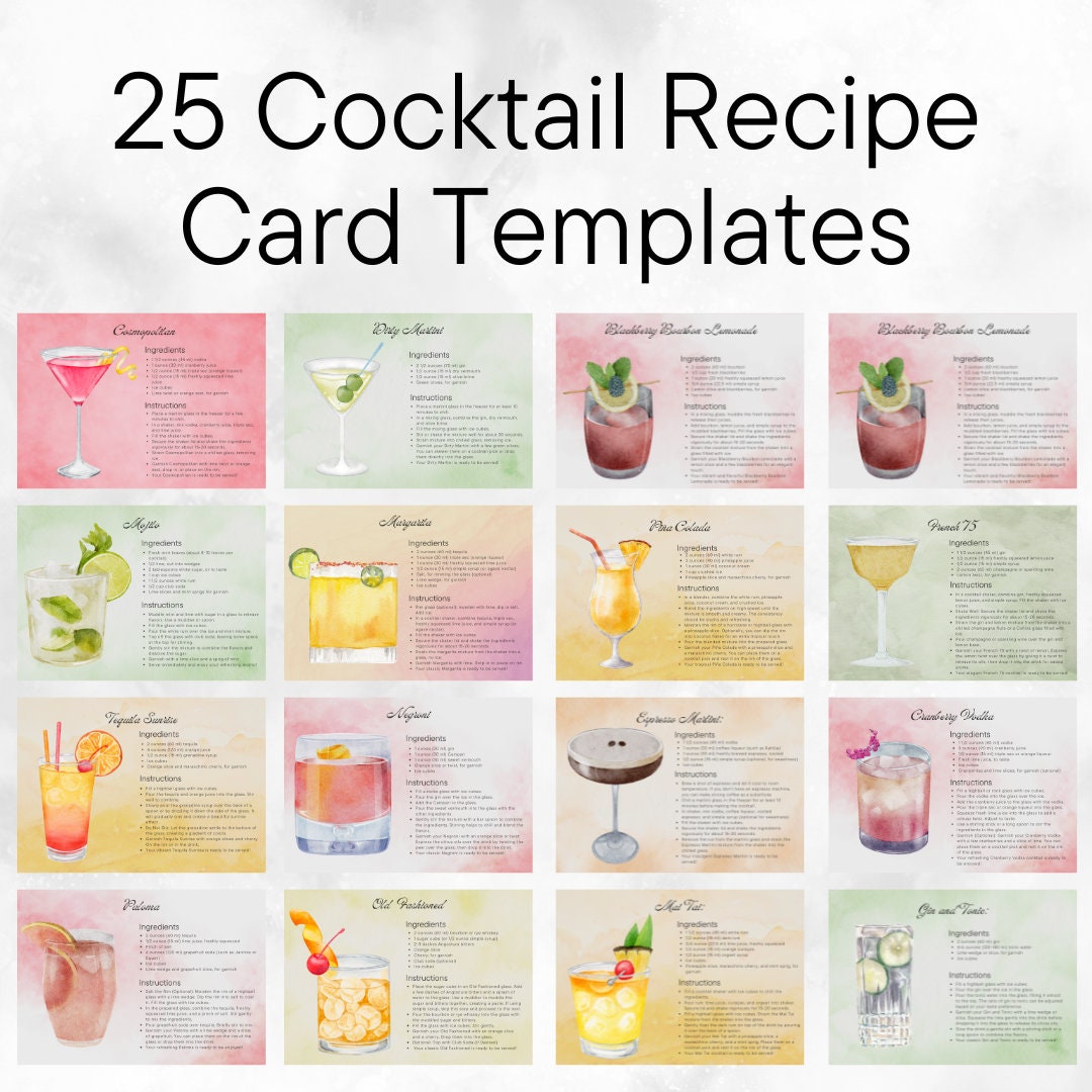 Watercolor Cocktail Recipe Cards Template | Editable Drink Recipe Card ...