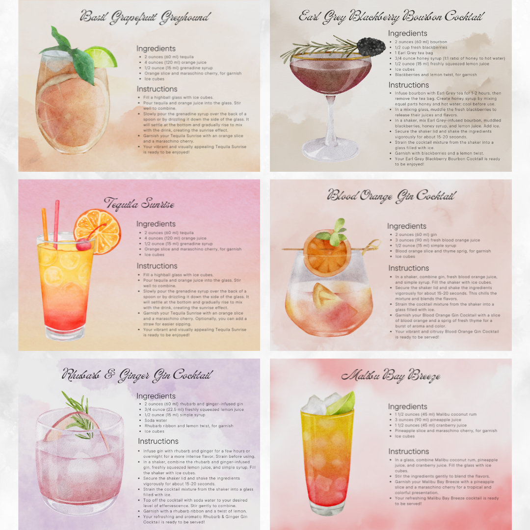 Editable Watercolor Cocktail Recipe Cards | Canva Template for ...
