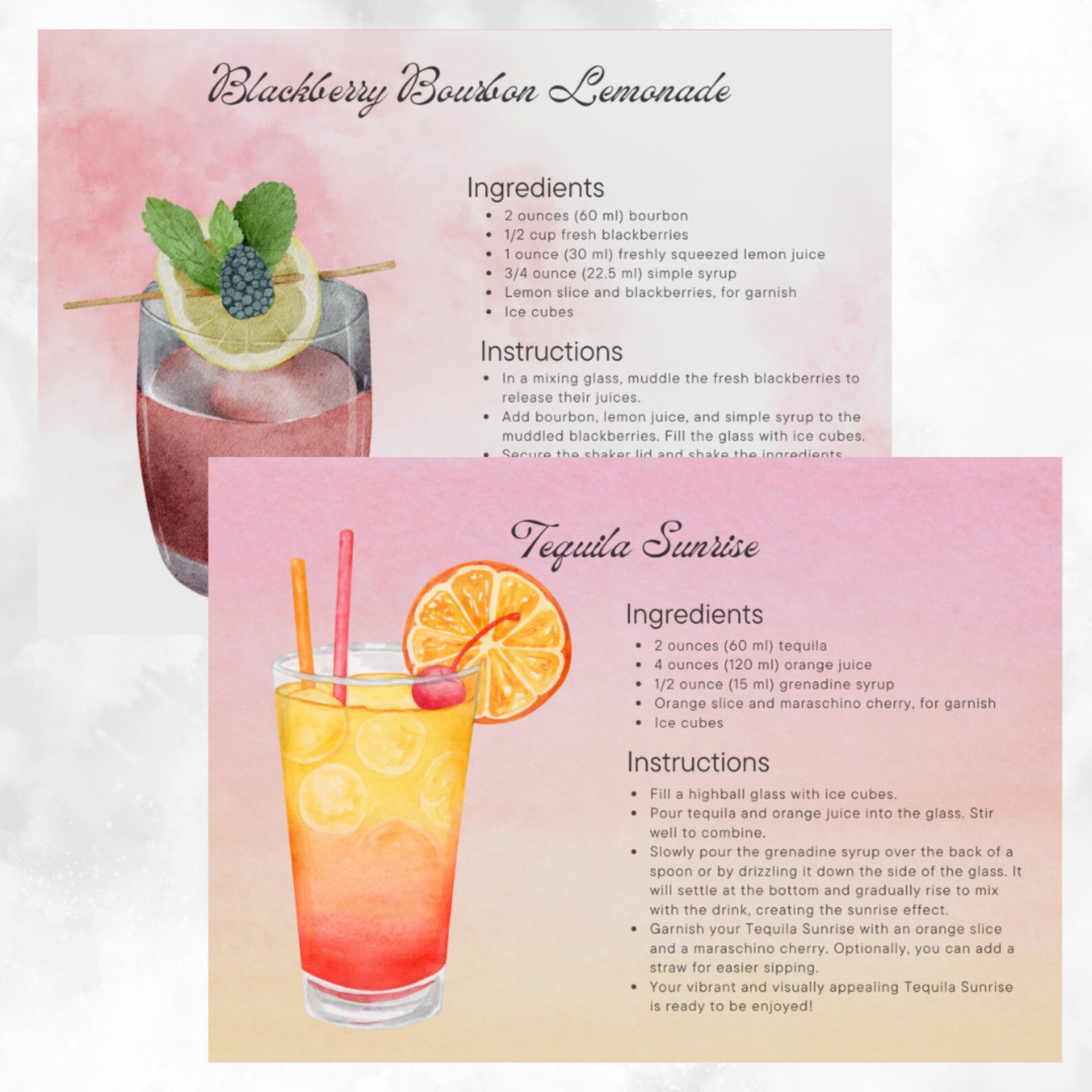 Editable Watercolor Cocktail Recipe Cards | Canva Template for ...