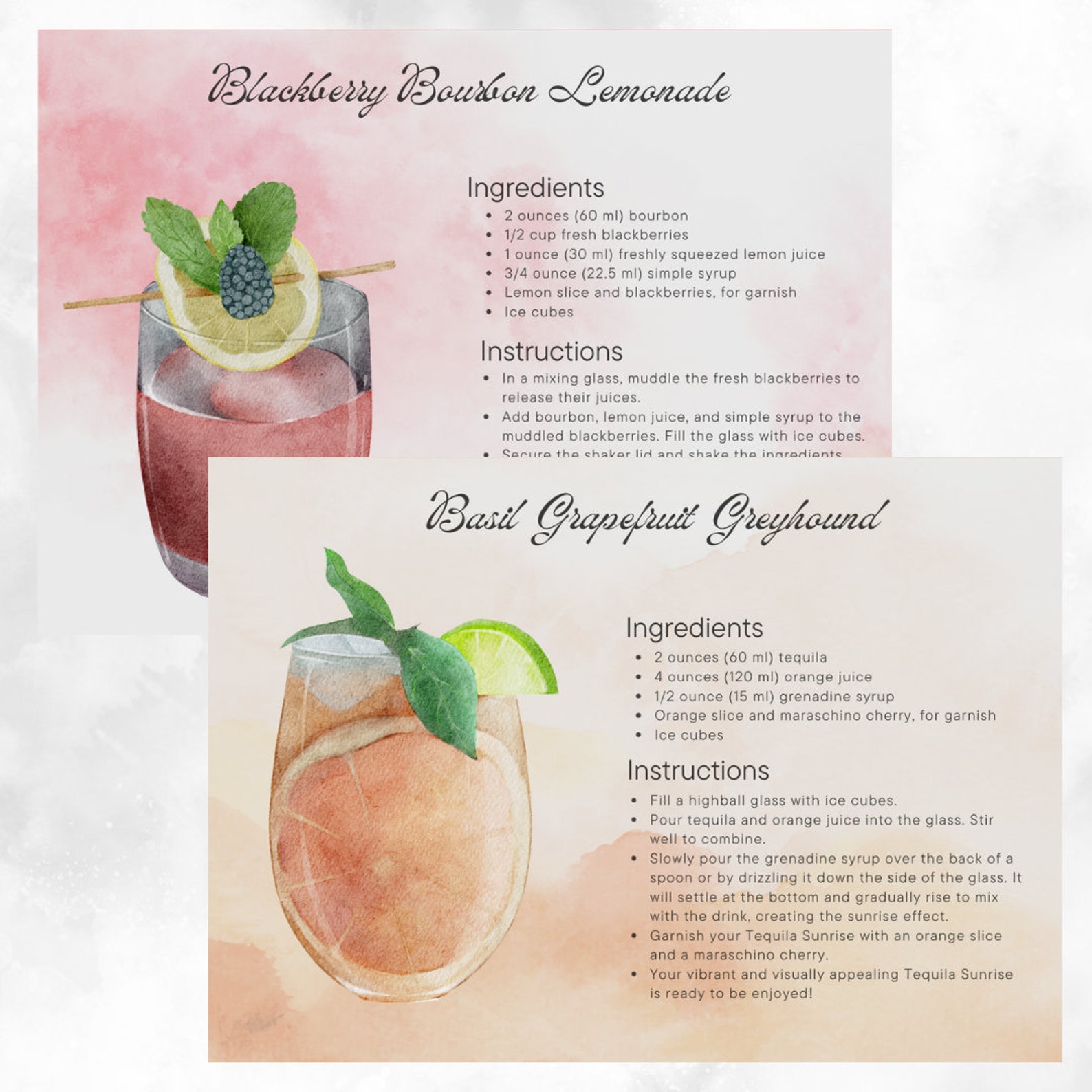 Editable Watercolor Cocktail Recipe Cards | Canva Template for ...