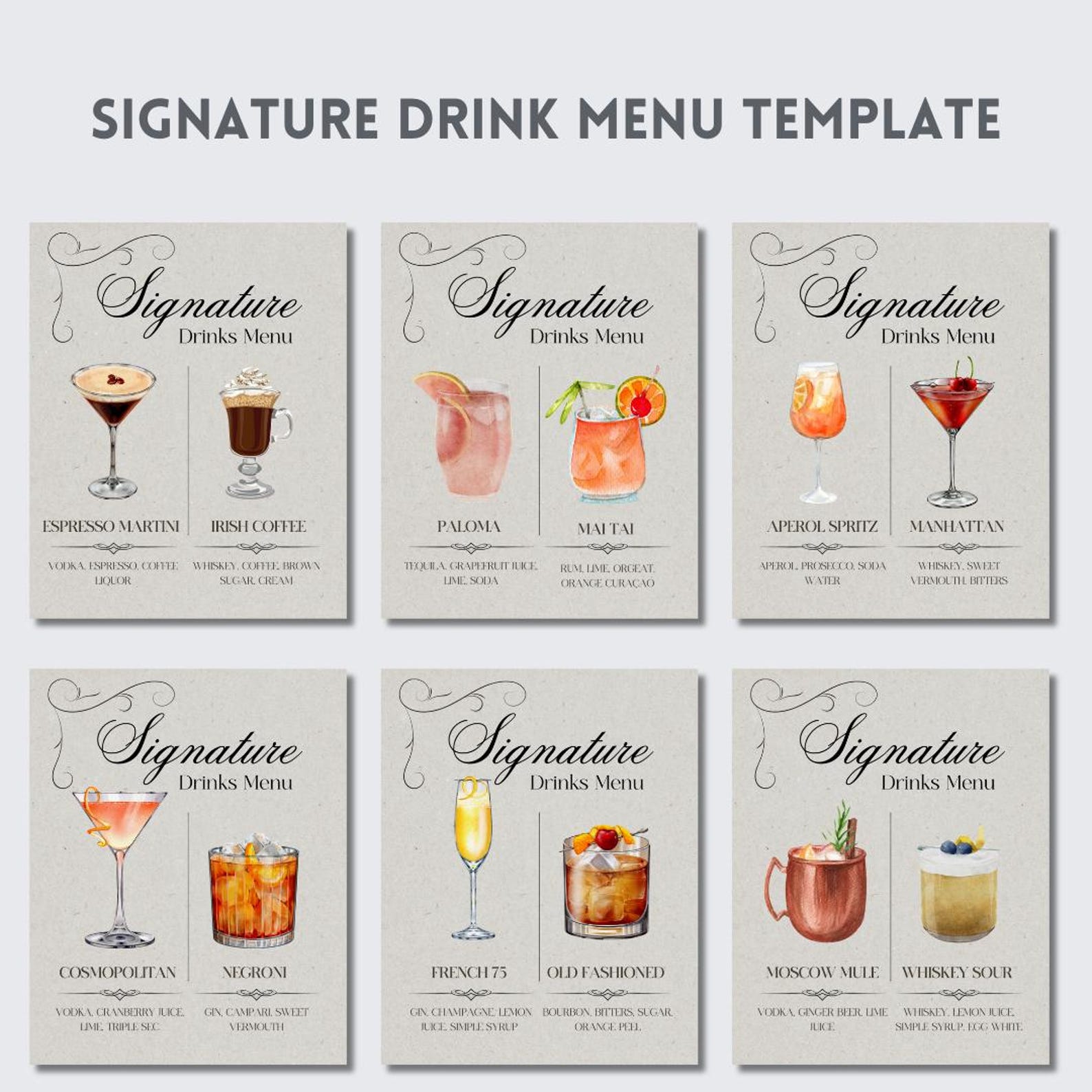 Signature Drink Menu Template – Wedding & Event Bar Sign | Editable ...