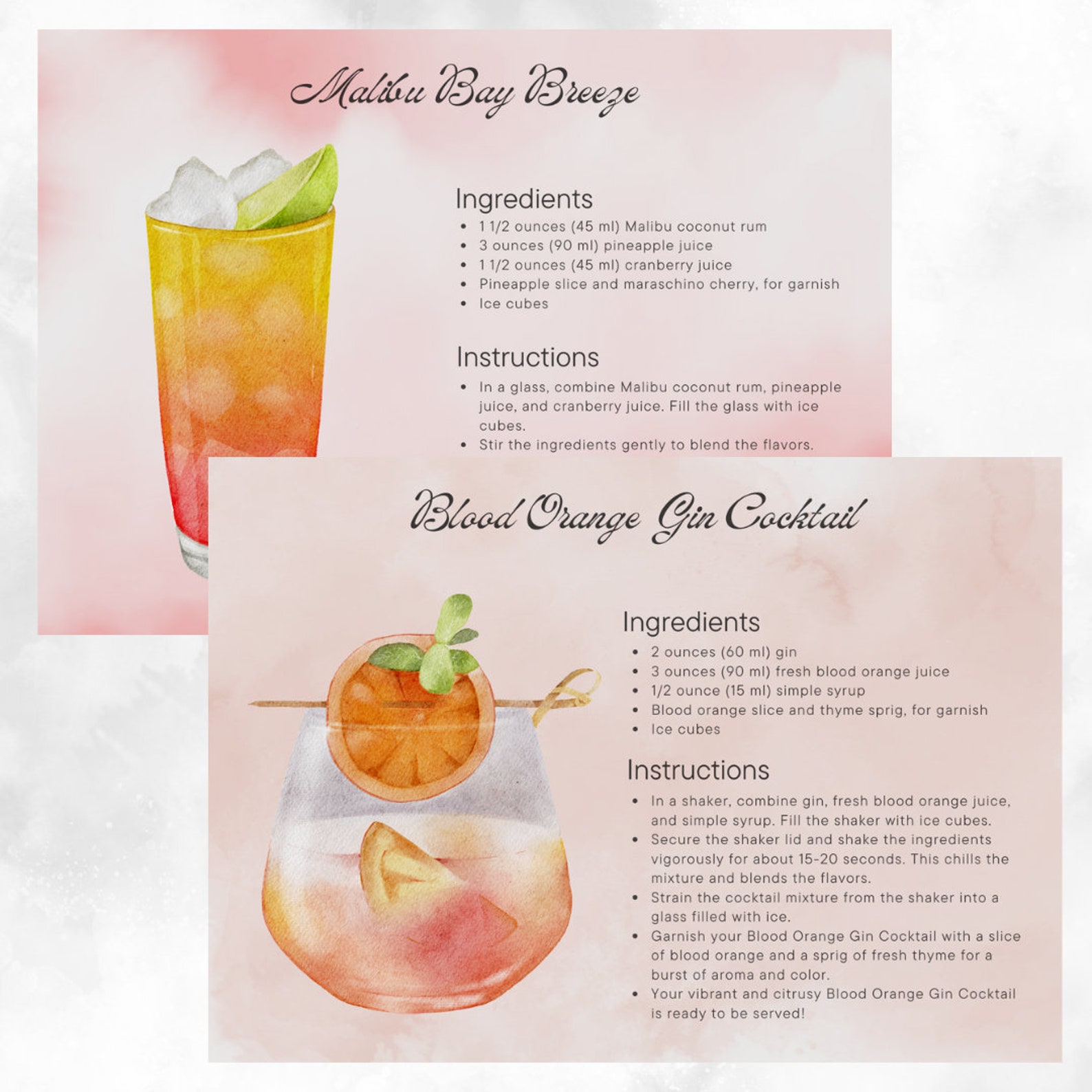 Editable Watercolor Cocktail Recipe Cards | Canva Template for ...