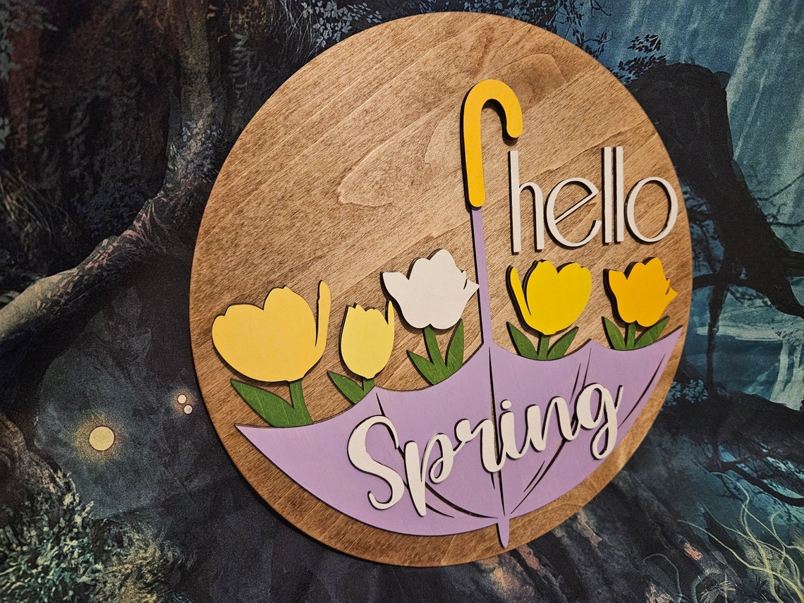 Hello Spring Door Hanger Sign With a Purple Umbrella Holding Spring ...