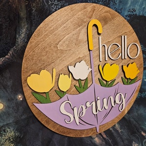 Hello Spring Door Hanger Sign With a Purple Umbrella Holding Spring ...