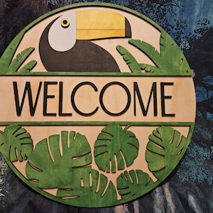 Toucan Welcome Sign: Wood Door Hanger With Tropical Leaves - Etsy